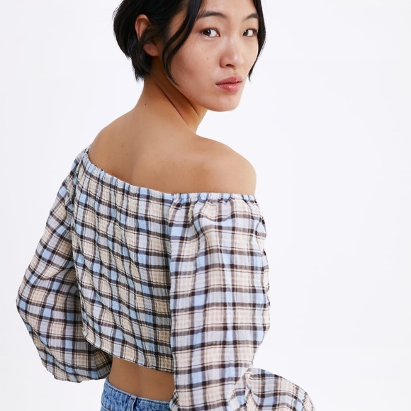 Zara | Tops | Nwt Zara Off Shoulder Plaid Ruched Top | Poshmark